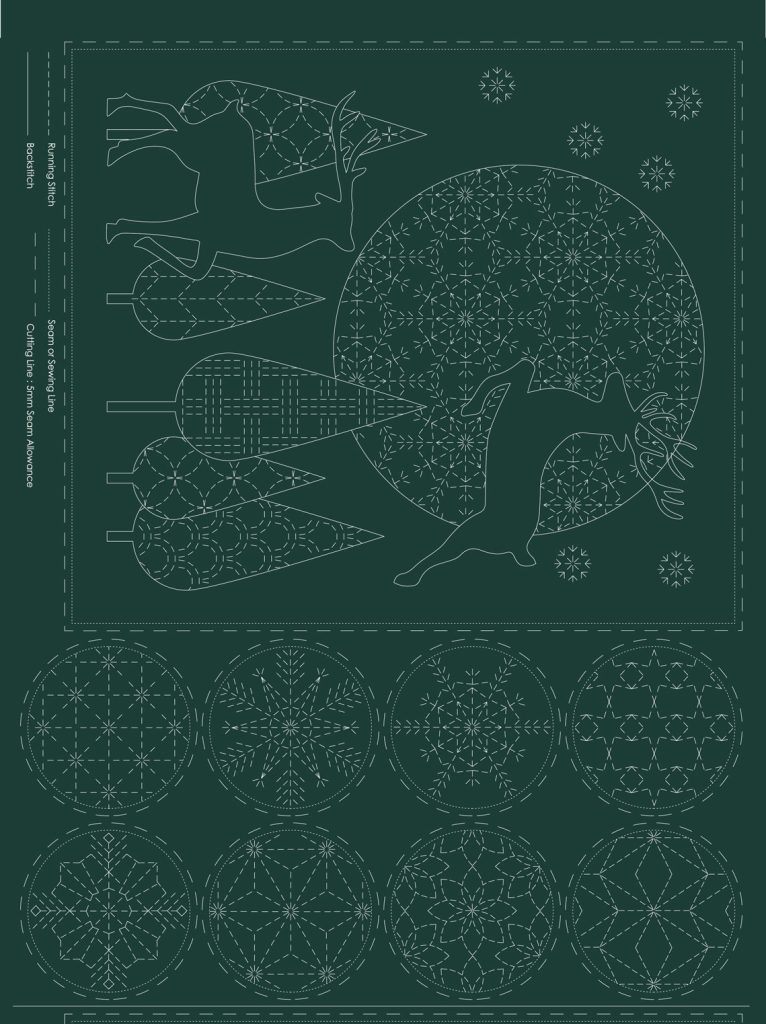 SASHIKO PANEL – CHRISTMAS DEER GREEN – Poppys Patchwork